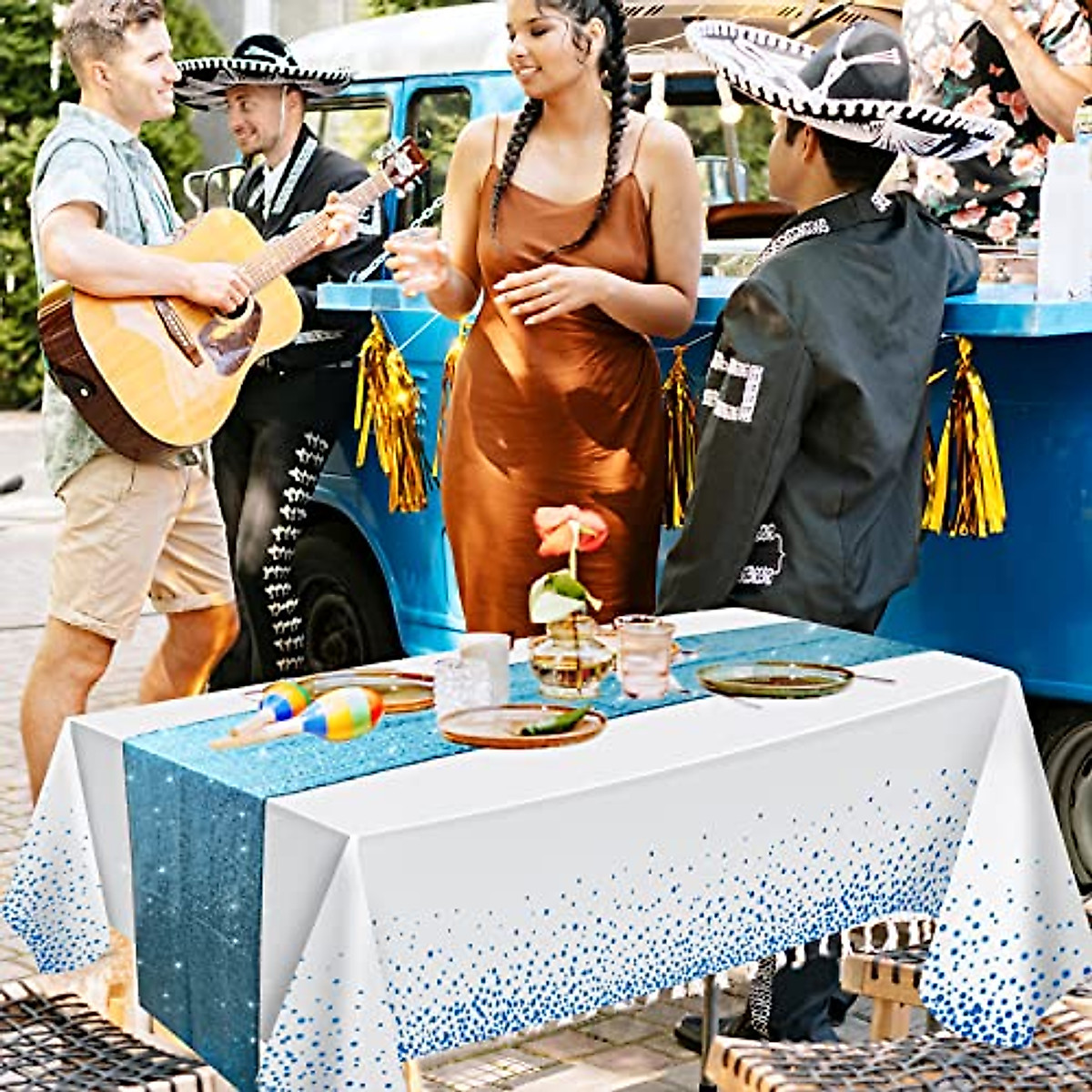 FGSAEOR Blue Tablecloth, 12x108inch Sequins Table Runners and 54x108inch Plastic Table Cloths for Party Decorations, Sparkling Party Supplies Table Cover for Indoor Outdoor Parties