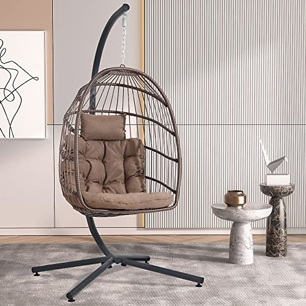 LEYCAY Egg Chair with Stand, Hanging Egg Swing Hammock Chair with Stand, Indoor Outdoor Wicker Egg Chair with Cushion Headrest for Patio Bedroom Porch Garden, 350LBS Capacity(Brown)
