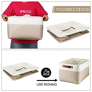 Uiifan 10 Pcs Collapsible Storage Bins Fabric Foldable Storage Basket with Handles Cloth Basket Organizer Linen Shelf Baskets for Shelves Home Closet Nursery Toys (Beige and White,16 x 12 x 10 Inch)