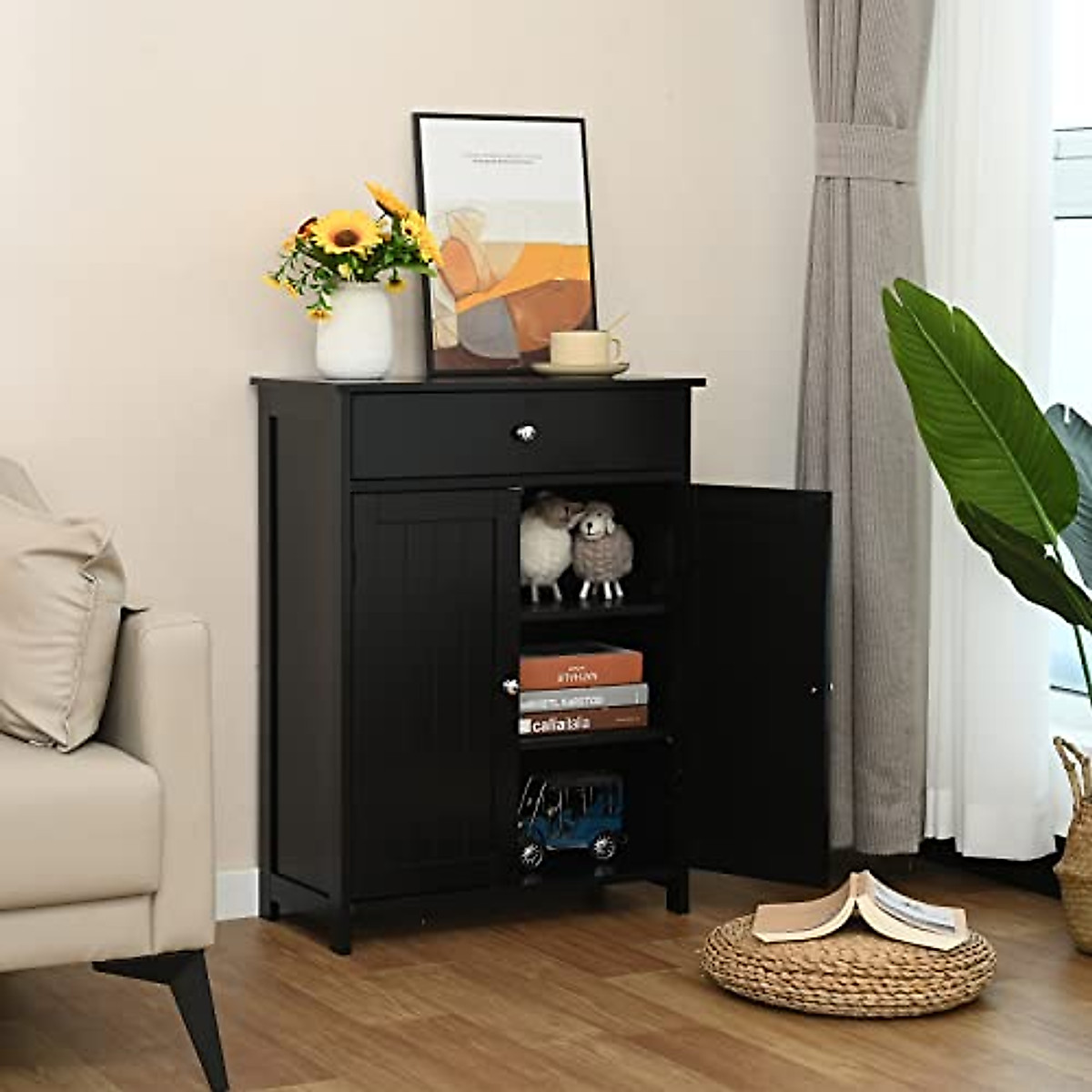 Iwell Bathroom Cabinet, Free Standing Bathroom Storage Cabinet with 1 Large Drawer & Adjustable Shelves, Wooden Entryway Storage Cabinet for Bathroom, Kitchen, Living Room, Black