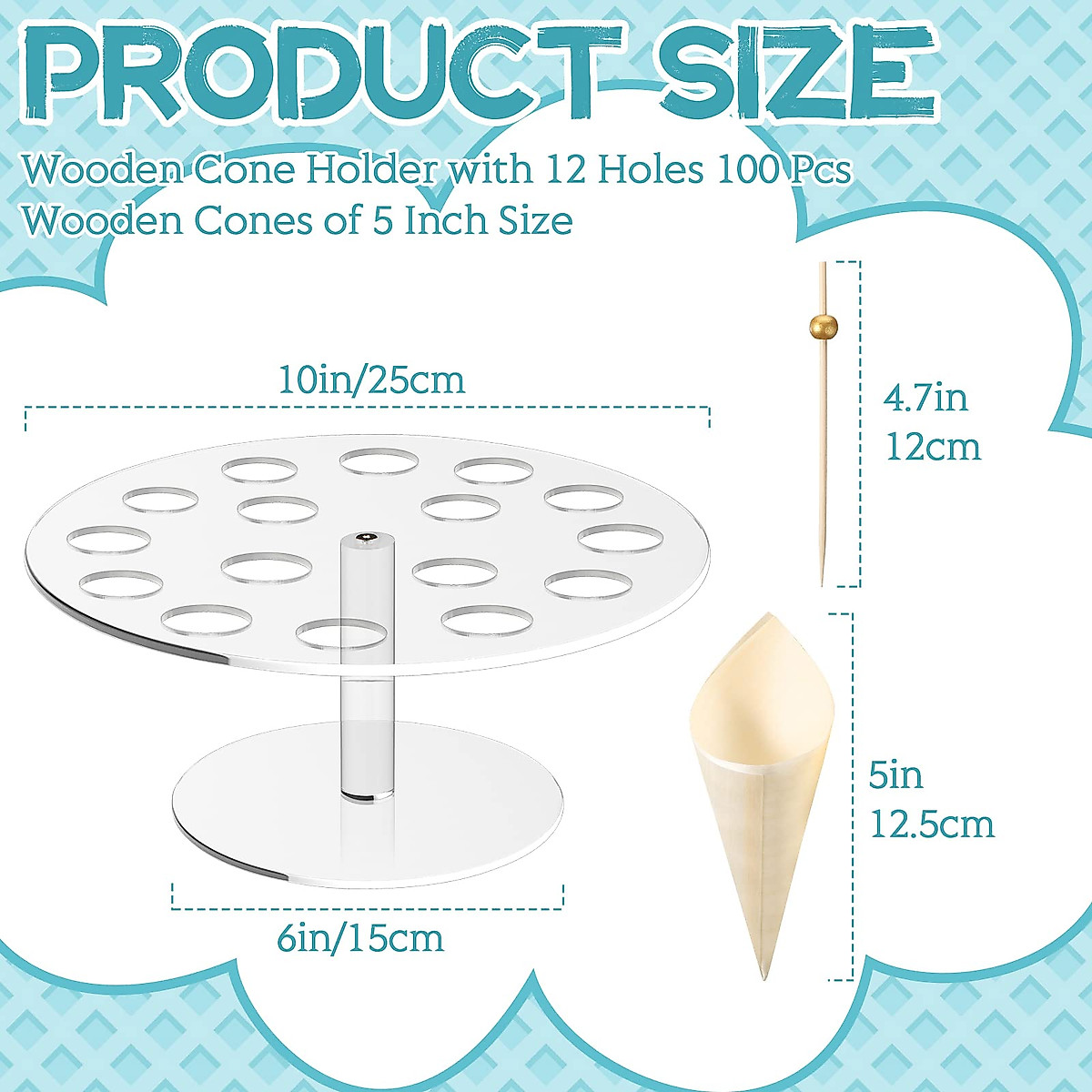 Queekay Clear Acrylic Ice Cream Cone Holder Stand 16 Holes Food Stand with 100 Disposable Wood Cones and 100 Cocktail Picks for Kids Birthday Party Decoration Supplies Wedding Restaurant Catered Event