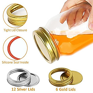 Jaisie.W Mason Jars 16 oz 12Pack with 6 Extra Lids, Glass Pint Canning Jars 16 oz - 16oz mason jars with silver lids and extra 6 gold lids for Canning/Preserving/Meal Prep
