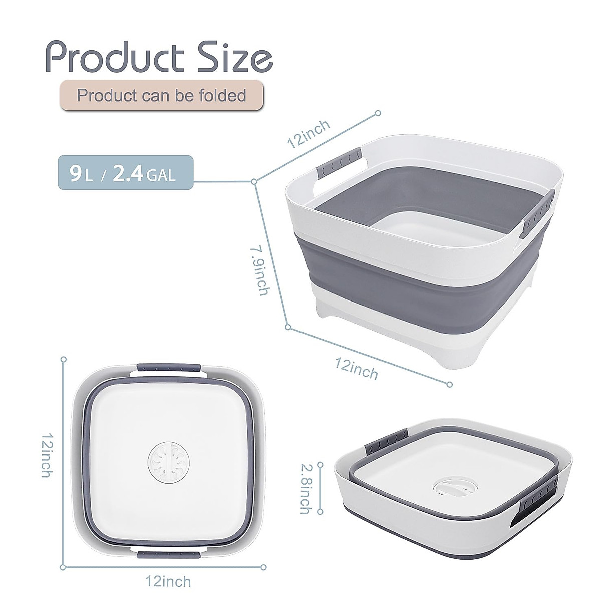 Goderewild 2024 Upgraded 2.4 Gal (9L) Collapsible Dish Basin with Drain Plug, Space Saving Multiuse Foldable Sink Tub, Dishpan, Beverage Tubs for Camping, Vegetable Washing, RV (Gray)