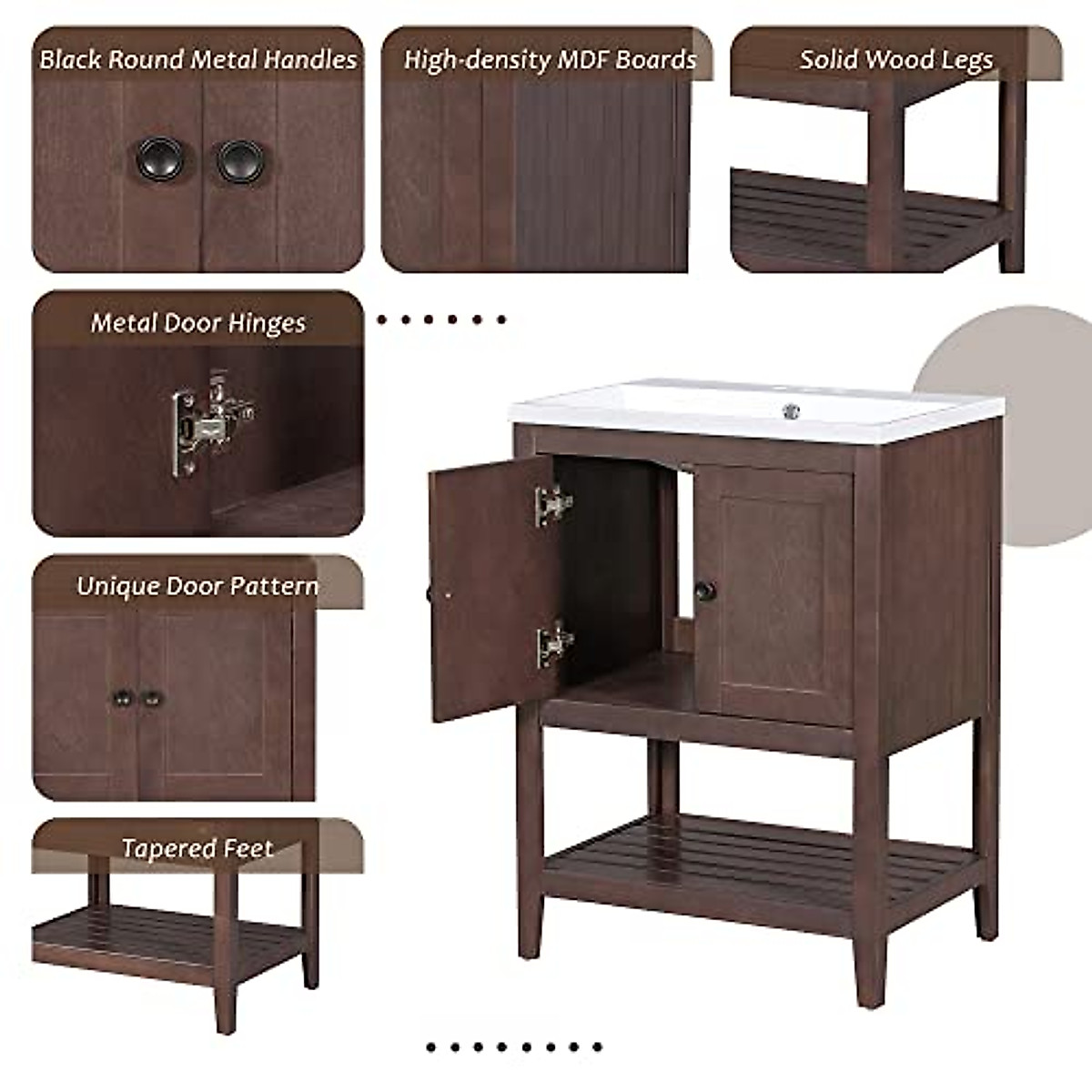 Merax 24" Modern Sleek Bathroom Vanity Elegant Ceramic Sink with Solid Wood Frame Open Style Shelf, Brown