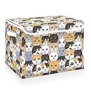 CaTaKu Large Fabric Storage Bins With Lids, Animal Cats Head Storage Boxes With Handles for Organizing Clothes, Collapsible Storage Cube Bins Baskets for Shelves