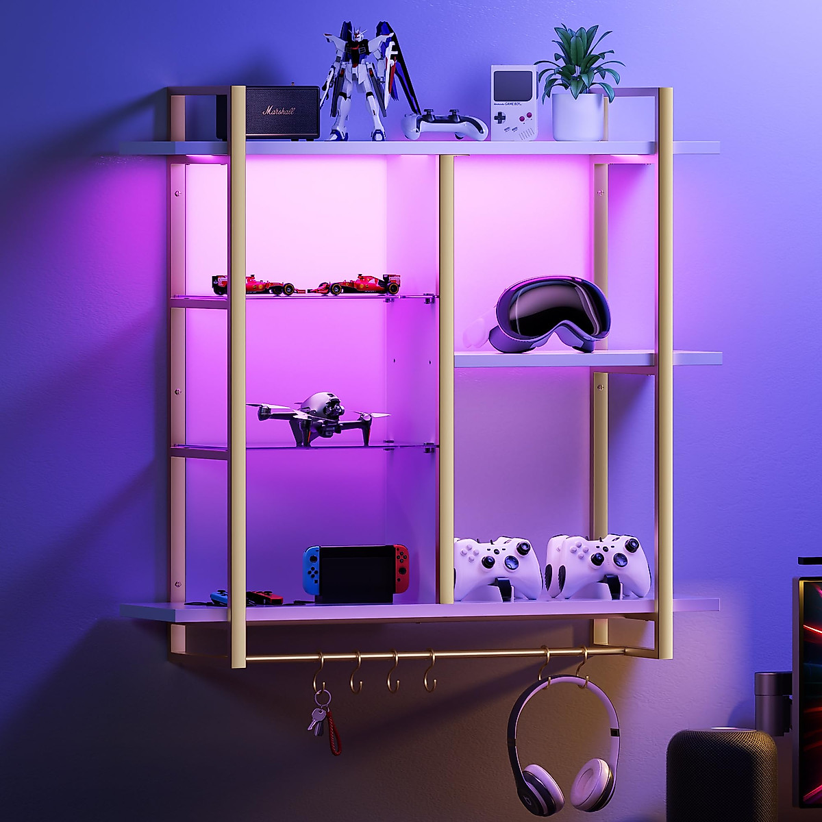 BELLEZE Gaming Floating Shelves, 40" LED Display Shelves Wall Mounted 4 Tier Storage Rack, Wooden Hanging Shelf with 6 Hooks, Wine Coffee Bar Rack for Kitchen Organization and Home Decor