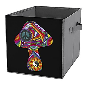 Psychedelic Mushroom PU Leather Collapsible Storage Bins Canvas Cube Organizer Basket with Handles