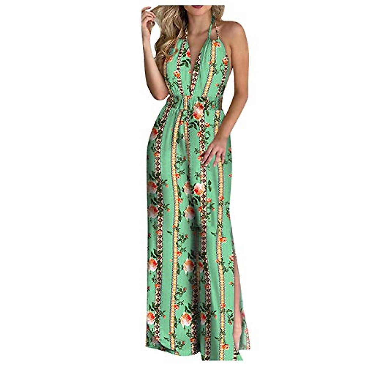Women's Summer Halter Backless High Waist Loose Leg Floral Print Jumpsuit Long Pants(Green, XL)