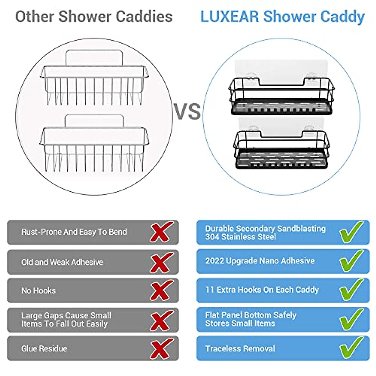 2 Packs Adhesive Shower Caddy with Hooks - No Drilling Rustproof Traceless Stainless Steel Wall Mounted Shower Storage Organizer Shelf Rack Holder for Bathroom Toilet Restroom Kitchen - Matte Black