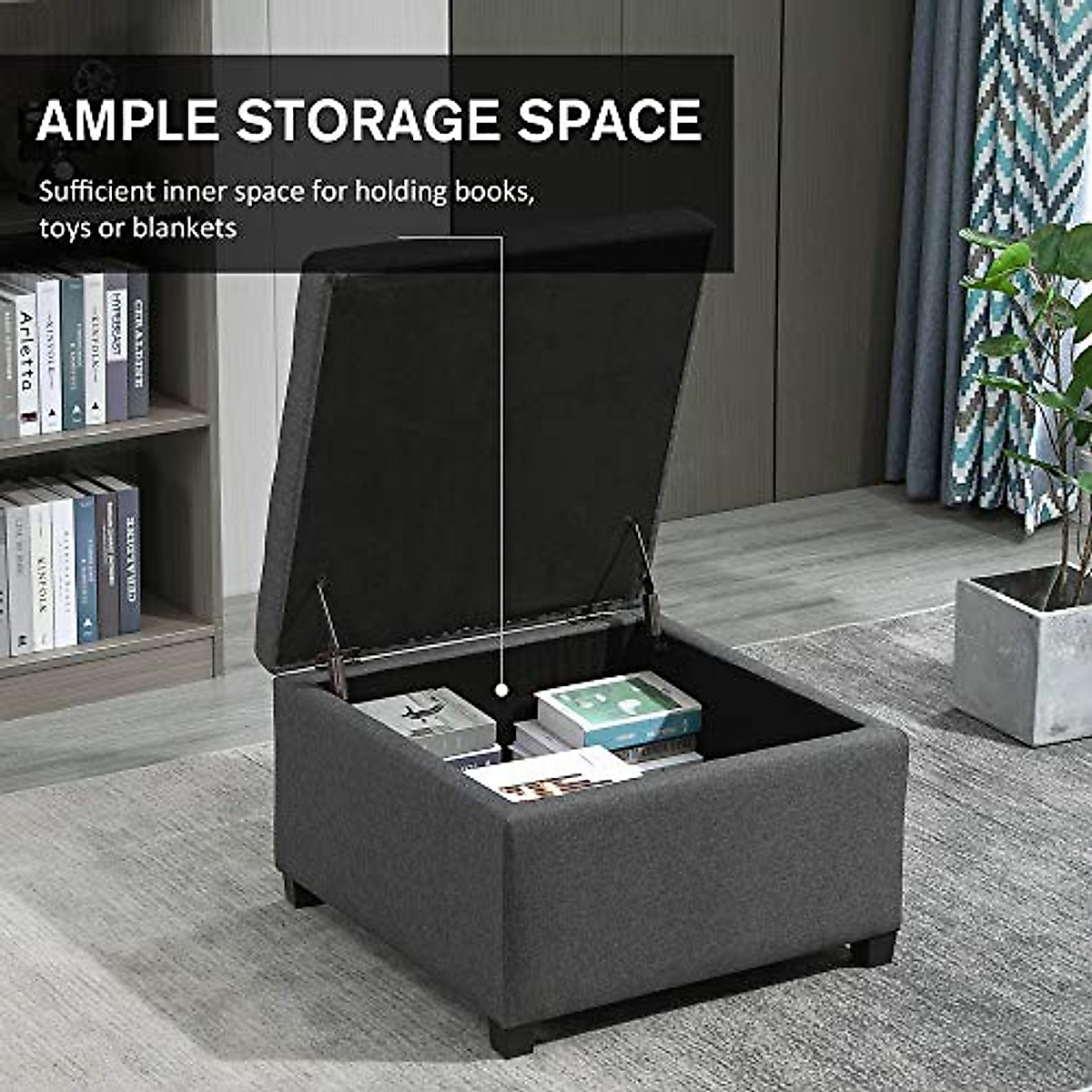 HOMCOM Fabric Tufted Storage Ottoman with Flip Top Seat Lid, Metal Hinge and Stable Eucalyptus Wood Frame for Living Room, Entryway, or Bedroom, Gray