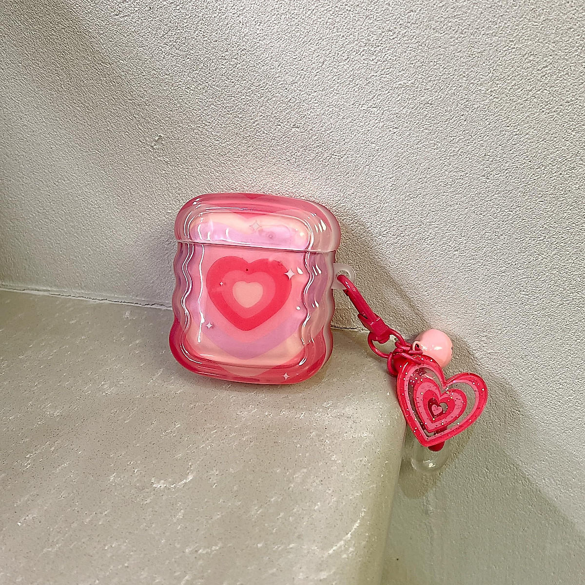 Srddty Compatible with AirPods Case Cute, Wave Design Shockproof Protective Airpod Case Cover for Girls Women with Keychain Designed for AirPods 1st & 2nd Generation, Pink Heart