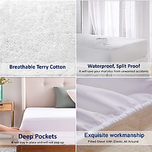 Split Queen Mattress Protector for Adjustable Bed, 100% Waterproof Terry Cotton Mattress Cover, 2 PC [30X80 + 30X80] Set, 15-Inch Deep Pockets - [2 Piece Split Queen Mattress Protector]