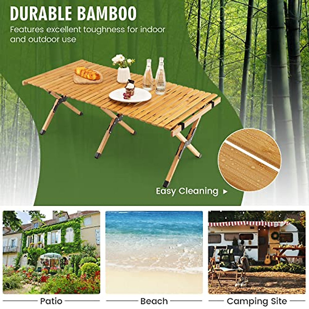 COSTWAY Folding Picnic Table, Portable 4ft Roll Up Camping Table with Storage Bag, for 4-6 People, Low Height Foldable Bamboo Bench Table, for Indoor & Outdoor Party, BBQ and Hiking(Natural)