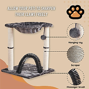 POLIPETS 19” Tall Cat Tower with Hammock,Sisal Scratching Posts and Pets Self Groomer Massager, Soft Hanging Basket Perch Hammock,Indoors Cat Furniture 16x15”, Gray