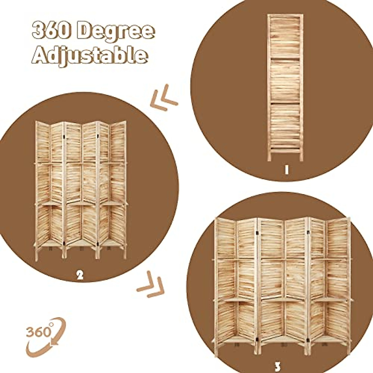 ECOMEX Room Divider 6 Panel, Wood Folding Room Divider Screen, Room Divider with Shelves and Easy Move Partition, Freestanding Room Screen Divider with Display Shelves (Natural Color)