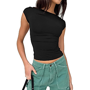 EFAN Women's Backless Tops Seamless Tee Summer 2024 Trendy Going Out Short Sleeve Crop Tops Open Back Y2k Shirts Cute Spring Tops Casual Fashion Clothing Teen Girls Black