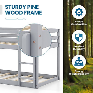 KOMFOTT Low Bunk Bed Twin Over Twin, Solid Wood Bunk Bed Frame with Built-in Ladder & Safety Guardrails, Space-Saving Low Bunk Bed for Kids, Teens, No Box Spring Needed