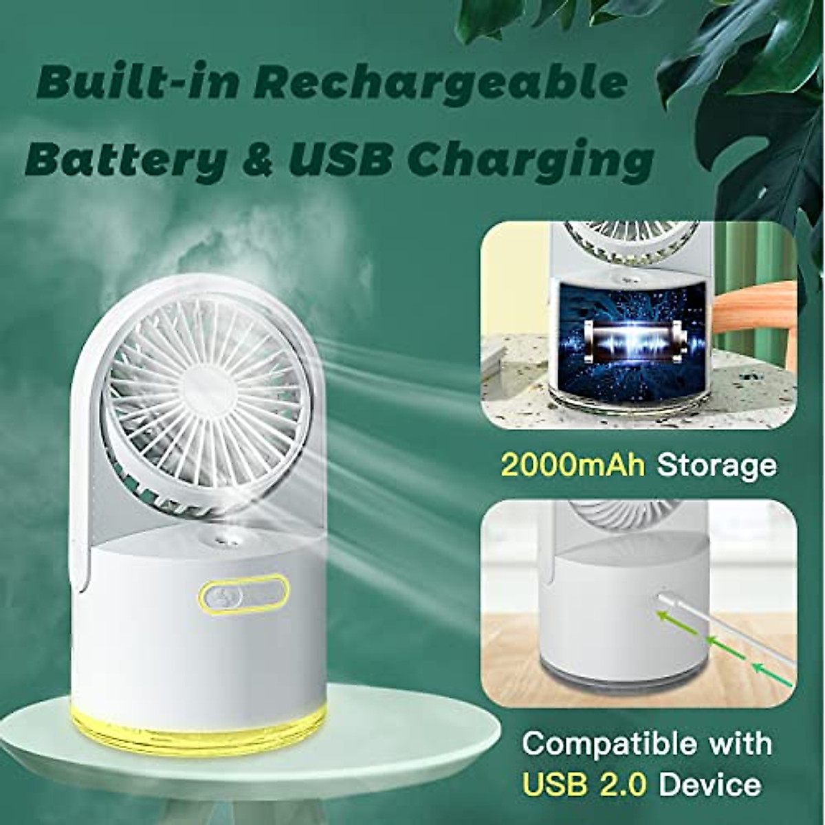 Desk Misting Fan Portable Table Fan with 300ML Large Water Tank and 7 Colorful Nightlights, Personal Fan with 3 Speed Strong Wind USB Rechargeable Cooling Mister Fan for Home, Office, Outdoor