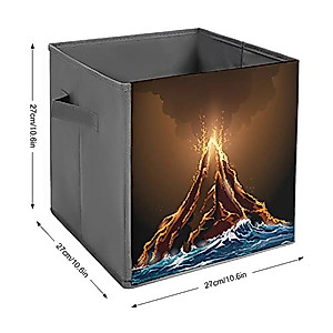 Volcanic Eruption View PU Leather Collapsible Storage Bins Canvas Cube Organizer Basket with Handles