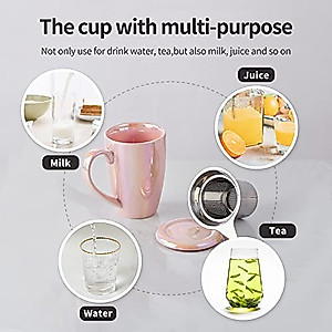 Jemirry Tea Cup with Infuser and Lid, Ceramic Cup with Lid, Tea Cup Tea Mug for Tea Lover, Porcelain Tea Strainer Cup, Tea Infuser Cup with Infuser Basket and Lid - Pink