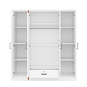 4 Door Wardrobe Armoire Closet with Storage Shelevs Freestanding Wardrobe Cabinet with One Drawer and Hanging Rod Clothes Cabinet Organizer for Bedroom, 59.2" L x 19.2" W x 67.9" H (White)