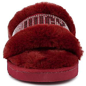 Juicy Couture Women's Luxe Faux Fur Slide Slippers with Embellished Strap, Cozy Indoor/Outdoor Fuzzy Slip-On Sandals, Halo - Burgundy, Size 9