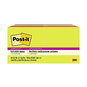 Post-it Super Sticky Full Stick Notes, 3x3 in, 12 Pads, 2x the Sticking Power, Energy Boost Collection, Bright Colors (Orange, Pink, Blue, Green), Recyclable (F330-12SSAU)