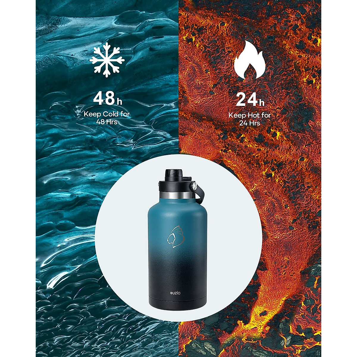 BUZIO 64oz Water Bottle Insulated, Half Gallon Stainless Steel Water Jug with Straw Lid and Carrying Pouch, Leak Proof Double Wall Thermo Water Flask Metal Canteen for Gym Sport Camping, Indigo Crush