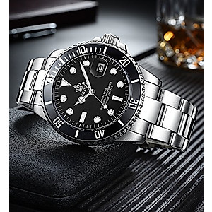 Reginald Men's Watch Luminous Quartz Rotatable Bezel Sapphire Glass Silver Stainless Steel Band and Case Waterproof Sports Black Watch