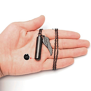 Dletay Cylinder Cremation Urn Necklace for Ashes Memorial Keepsake Pendant with Angel Wing Stainless Steel Remembrance Jewelry(Black)