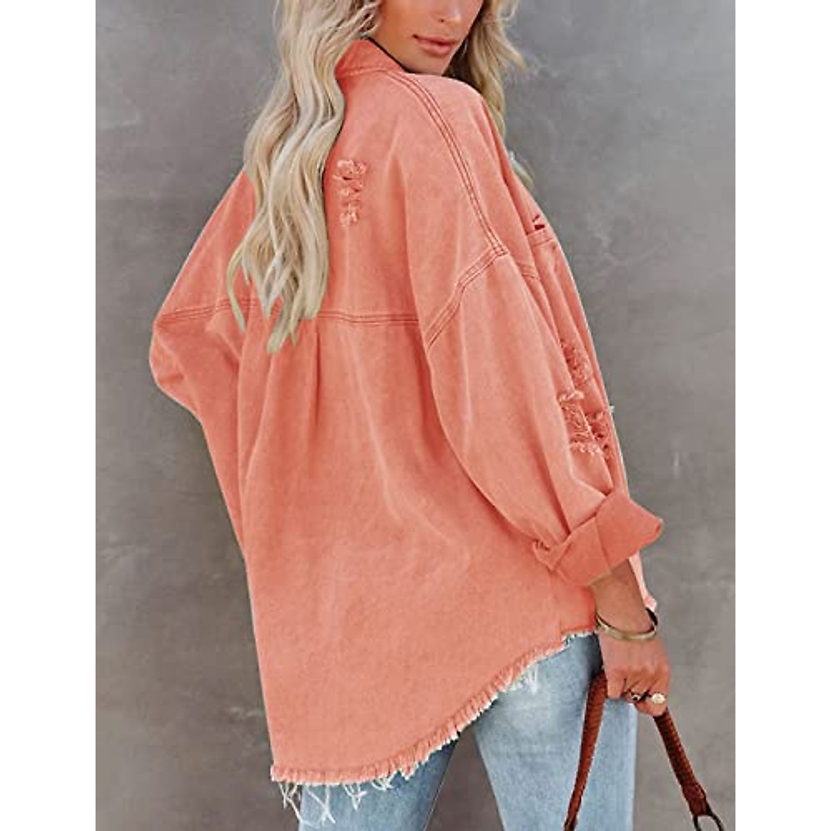 Lumister Womens Causal Oversized Button Distressed Jean Jacket Ripped Fringe Long Sleeve Denim Jacket With Pockets(0222-Orange-S)