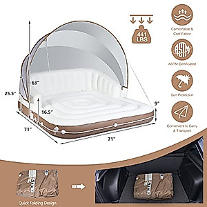 GYMAX Canopy Floating Island, 2-3 Person 441lbs Inflatable Lake Floats with UPF50 Retractable Sunshade, Built-in Cup Holder & Grabbing Ropes, Giant Lounge Raft for Indoor, Poolside, River and Beach