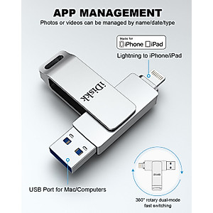 【App-le Certified】iDiskk 128GB Photo Storage Stick iPhone Storage Flash Drive for iPhone usb storage flash drive,iPhone USB External Storage for Mac,iPad and PC Photo Stick for Photos Videos Contacts