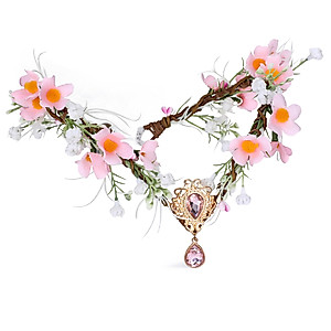 MOSTORY Pink Flower Elf Crown - Handmade Woodland Fairy Headpiece Forest Floral Headband with Crystal Elven Flower Circlet for Women Girls Cosplay Renaissance Mardi Gras