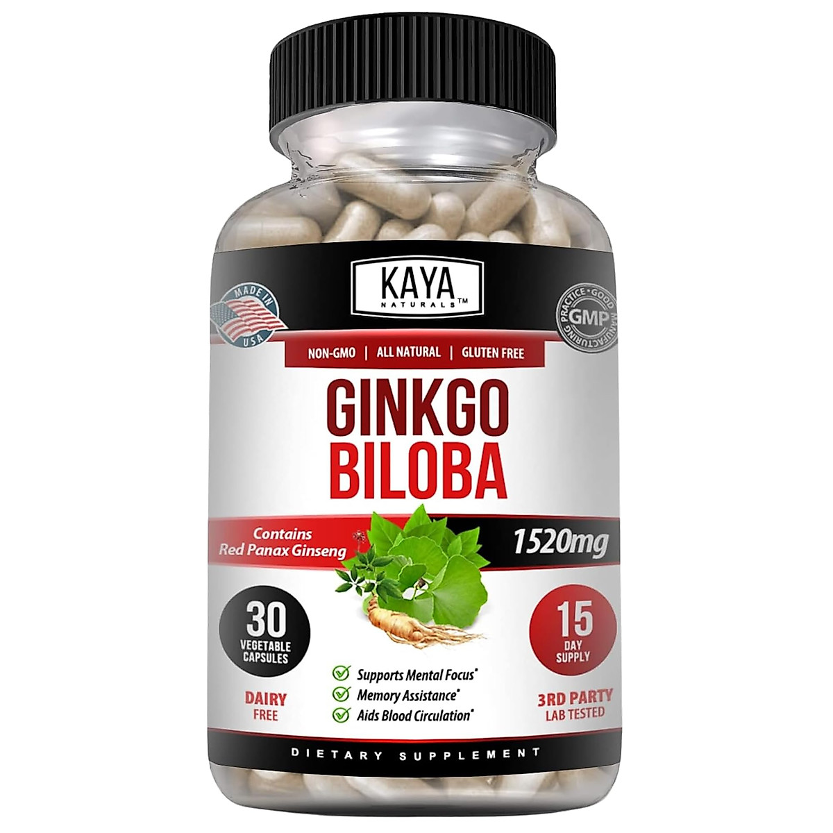 Kaya Naturals Red Panax Ginseng + Ginkgo Biloba | Nootropic Brain Supplement | Cognitive and Concentration Support | Brain Booster, Focus, and Memory Supplement | 30 Capsules