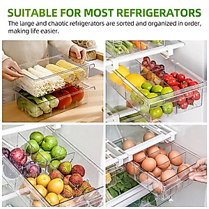 FineNoke Fridge Drawer Organizer,Refrigerator Organizer Bins,Fridge Storage Box Shelf Holder,Pull Out With Handle,Clear Container For Food,Drinks,Fit for Fridge Shelf Under 0.6" (2-Pack,4-grid)