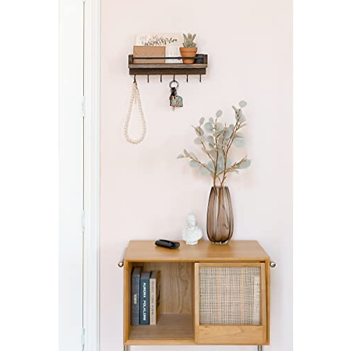 Mkono Key Holder for Wall, 9.5" x 3.5" x 2.5" Small Rustic Wood Floating Shelf with 6 Hooks Decorative Display Key Hanger for Living Room, Entryway, Bedroom, Bathroom,Office, Home Decor