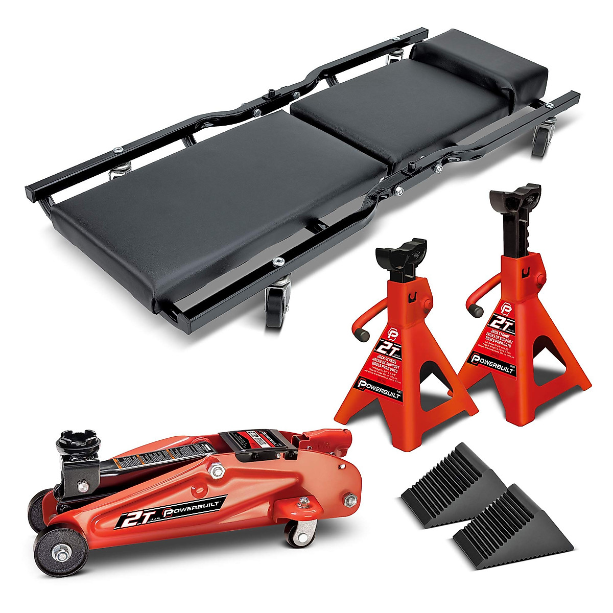 Powerbuilt 6 Piece Car Jack and Garage Creeper Service Set, 2 Ton Vehicle Lift, Jackstands, Folding Creeper, Wheel Chocks, Car Repair Garage Equipment - 640816, Large, Red