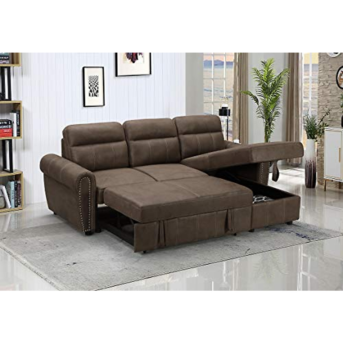 Lilola Home Ashton 96" W Saddle Brown Microfiber Reversible Sleeper Sectional Sofa Chaise