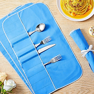 Silver Storage Bags Silver Storage Cloth Anti Tarnish Silver Protector Bags Blue Holder for Silverware Flatware Storage Organizer Place Setting Roll with White Ribbon for Kitchen Utensils (6 Pieces)