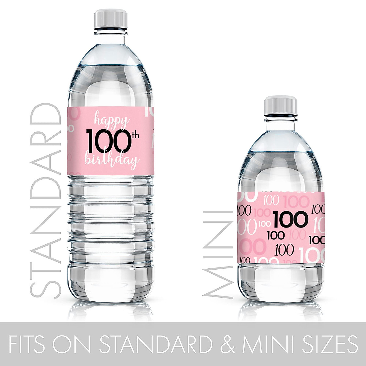 Pink, Black, and White 100th Birthday Party Water Bottle Labels - 24 Waterproof Wrappers - Pink Birthday Decorations for Women