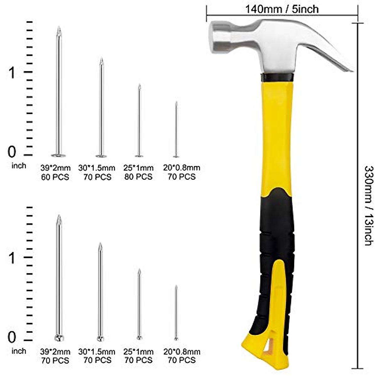 KURUI 16 oz Hammer & 560PCs Hardware Nail Assortment Kit,Claw Hammer Set with Anti-Slip Handle, Anti-Corrosive Galvanized 280 Picture Hanging Nails & 280 Finishing Nails for Household and DIY