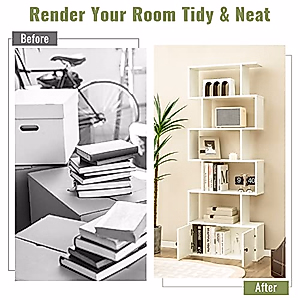 LOKO 6-Tier Geometric Bookcase with Doors, Freestanding Storage Display Shelf with Anti-toppling Devices, S-Shaped Z-Shelf Bookshelf with Cabinet for Living Room, Bedroom, Study (2, White)