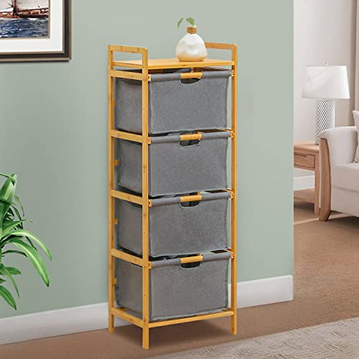 MoNiBloom Bamboo Organizer Clothing Storage Shelf with 4 Part Compartment Sorter Baskets Fabric Removable Clothes Drawers for Bedroom Laundry Living Room, Grey