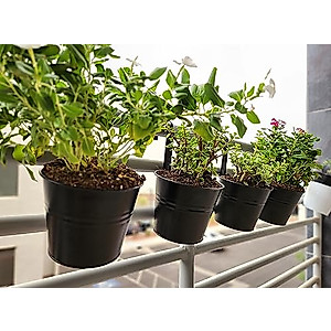 GARDEN4LIFE 6.25 Inch Large Iron Hanging Plant Pot Set - Planters for Indoor Plants & Outdoor Flora w/Drainage Hole, Detachable Hook - Ideal Balcony Planters Fence Railing Hanging Pots - 4Pcs Black