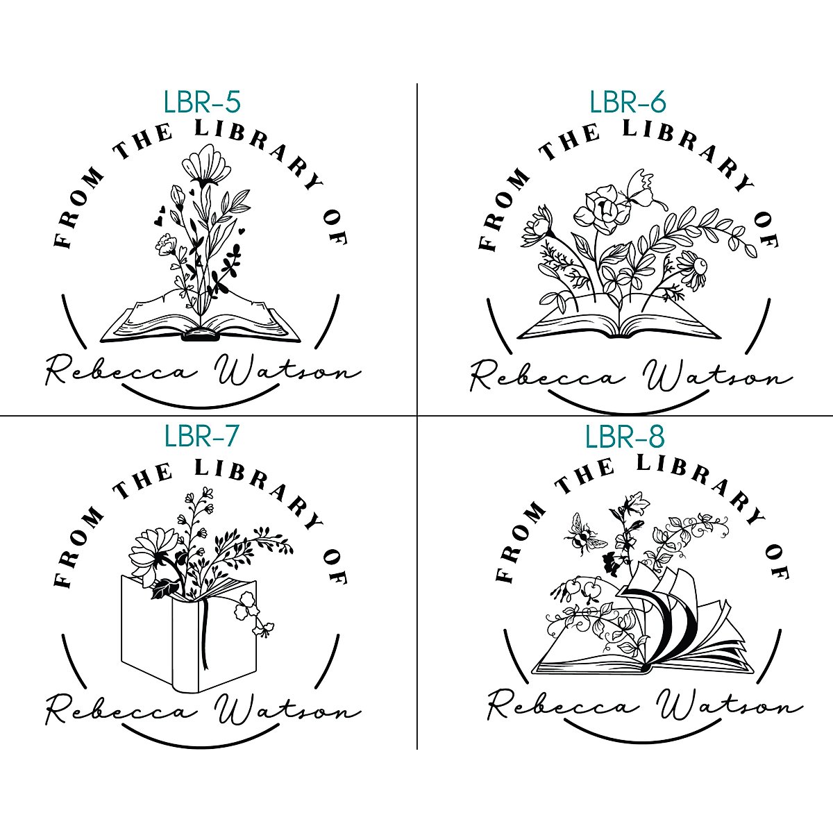 from The Library of | Ex Libris | Floral Book Stamp | Personalized Book Embosser | Custom Library Stamp | Monogram Self-Inking Wood Handle Stamper (Floral 3)
