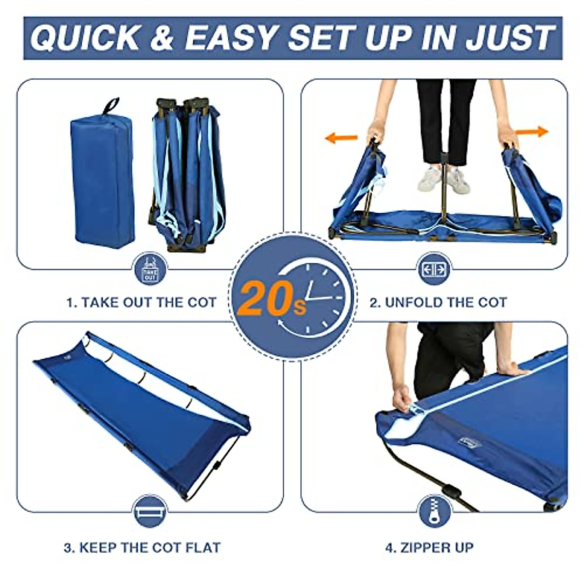 TIMBER RIDGE 20-Second Quick Set-Up Folding Camping Cot, Lightweight Outdoor Camping Cots for Adults with Carry Bag for Outdoor Travel, Tent Camping, Support up to 225lbs, Blue