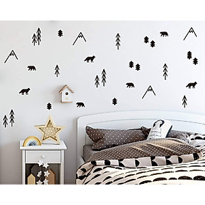 Woodland Animals, Trees and Mountains Wall Decals, Vinyl Stickers for Bedroom, Living Room, School, Nursery Wall Decals, Room Decor A44 (Black)