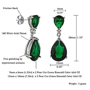 [RIZILIA CELEBOX] Teardrop Dangle Pierced 1.1" Earrings with Pear Cut CZ [Simulated Green Emerald] in White Gold Plated, Celebrity inspired by Angelina Jolie