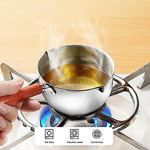Butter Coffee Milk Warmer with Wooden Handle and Dual Pour Spout Mini Melting Pot Stainless Steel Small Sauce Pan 10oz/300ml Silver